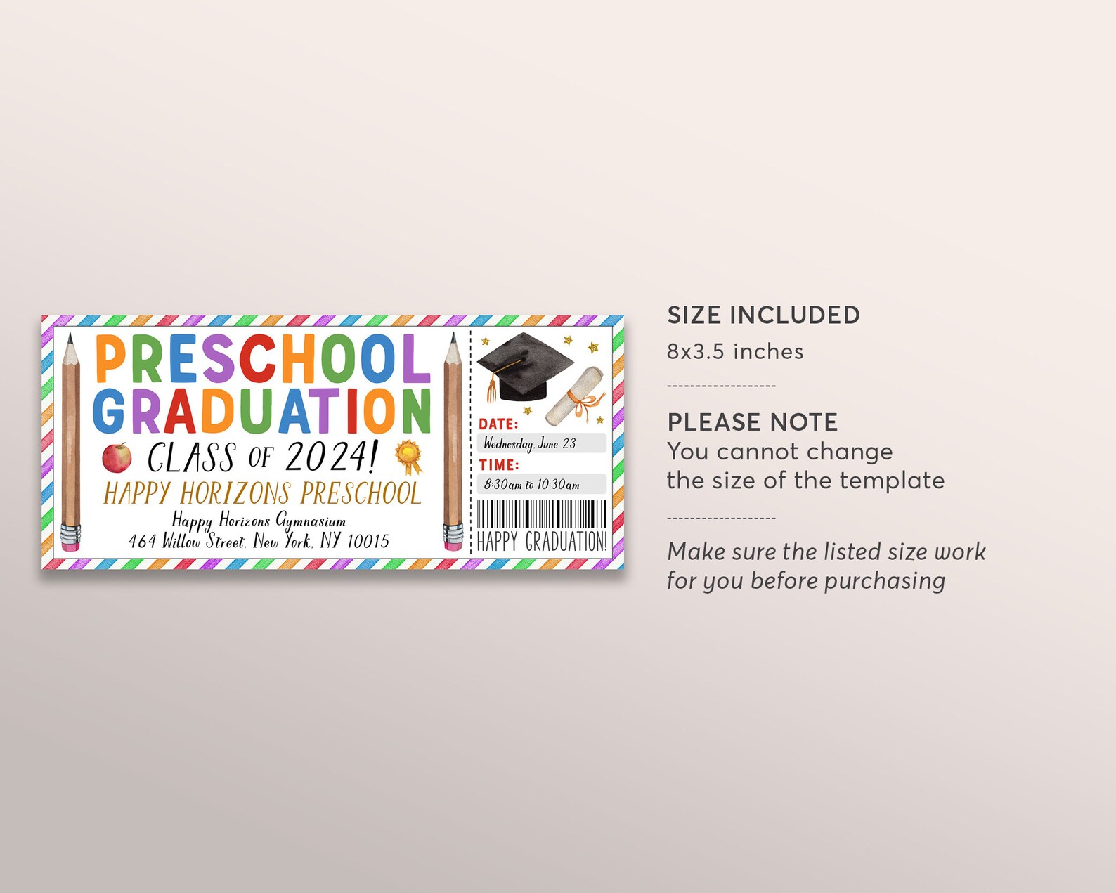 Preschool Graduation Ceremony Ticket Editable Template, Class Grad ...