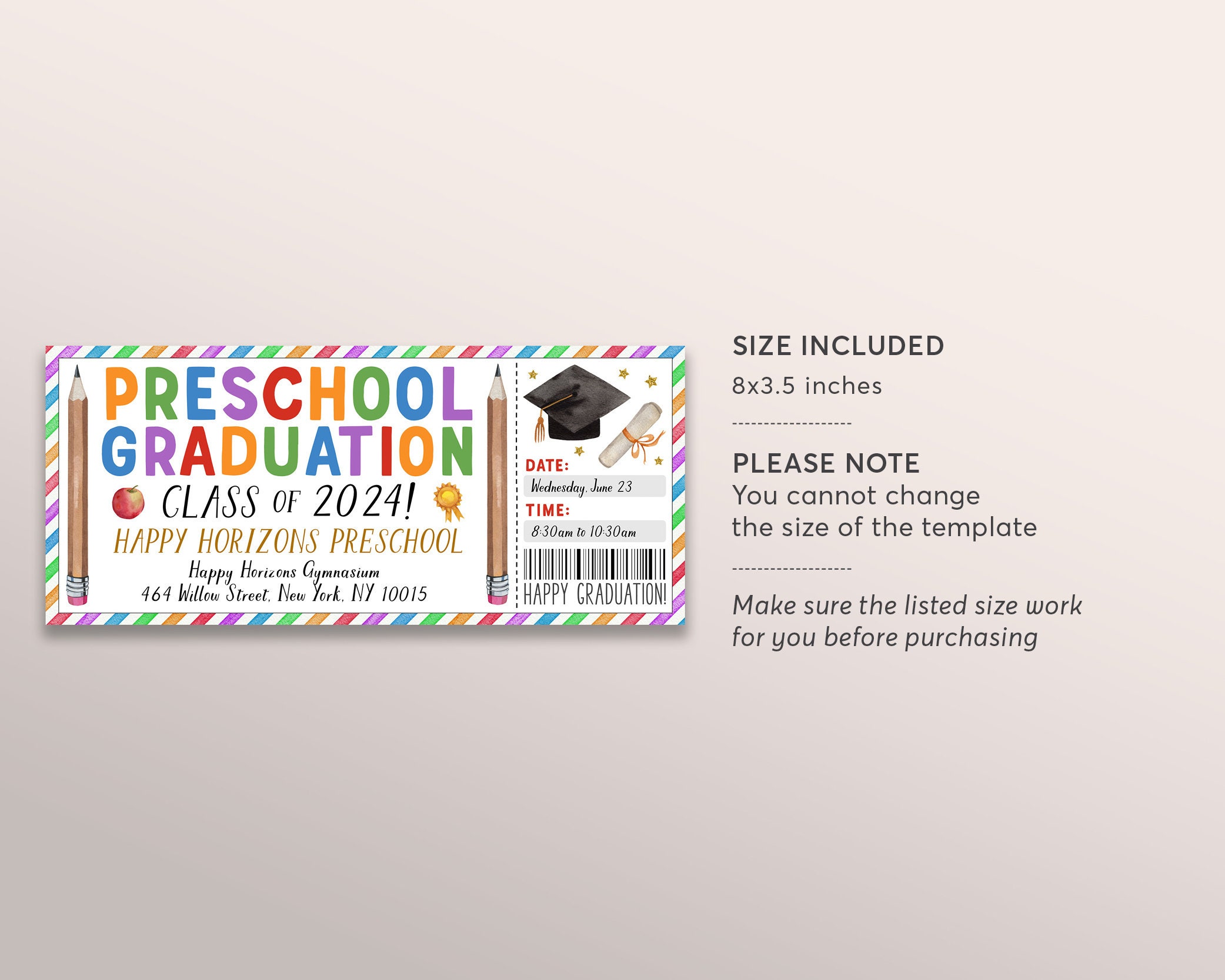 Preschool Graduation Ceremony Ticket Editable Template, Class Grad ...