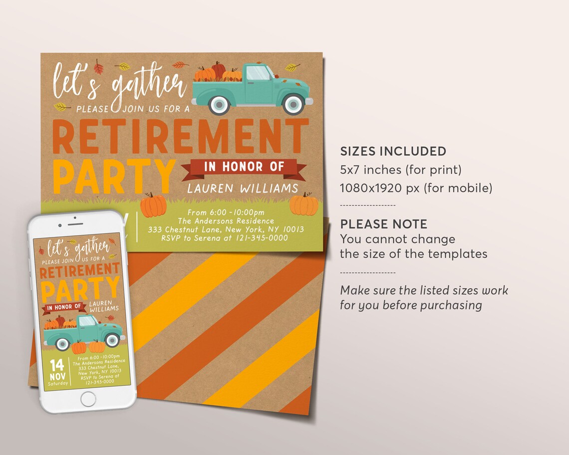 Fall Retirement Party Invitation Editable Template, Pumpkin Truck ...