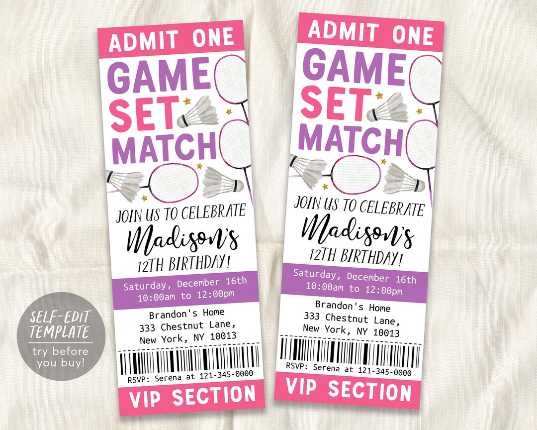 Badminton Birthday Ticket Invitation Editable Template, Girl Game Set ...