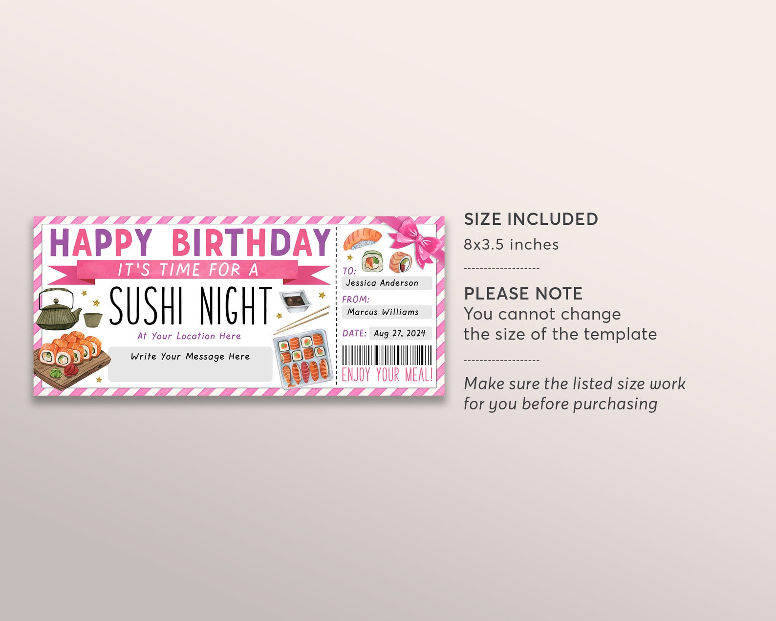 Sushi Night Ticket Voucher Editable Template, Birthday Surprise Sushi ...