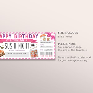 Sushi Night Ticket Voucher Editable Template, Birthday Surprise Sushi ...
