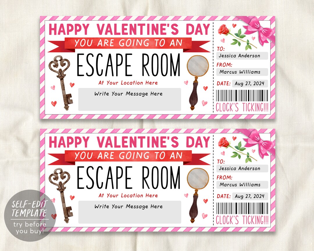 Valentines Day Escape Room Ticket Editable Template, Anniversary ...