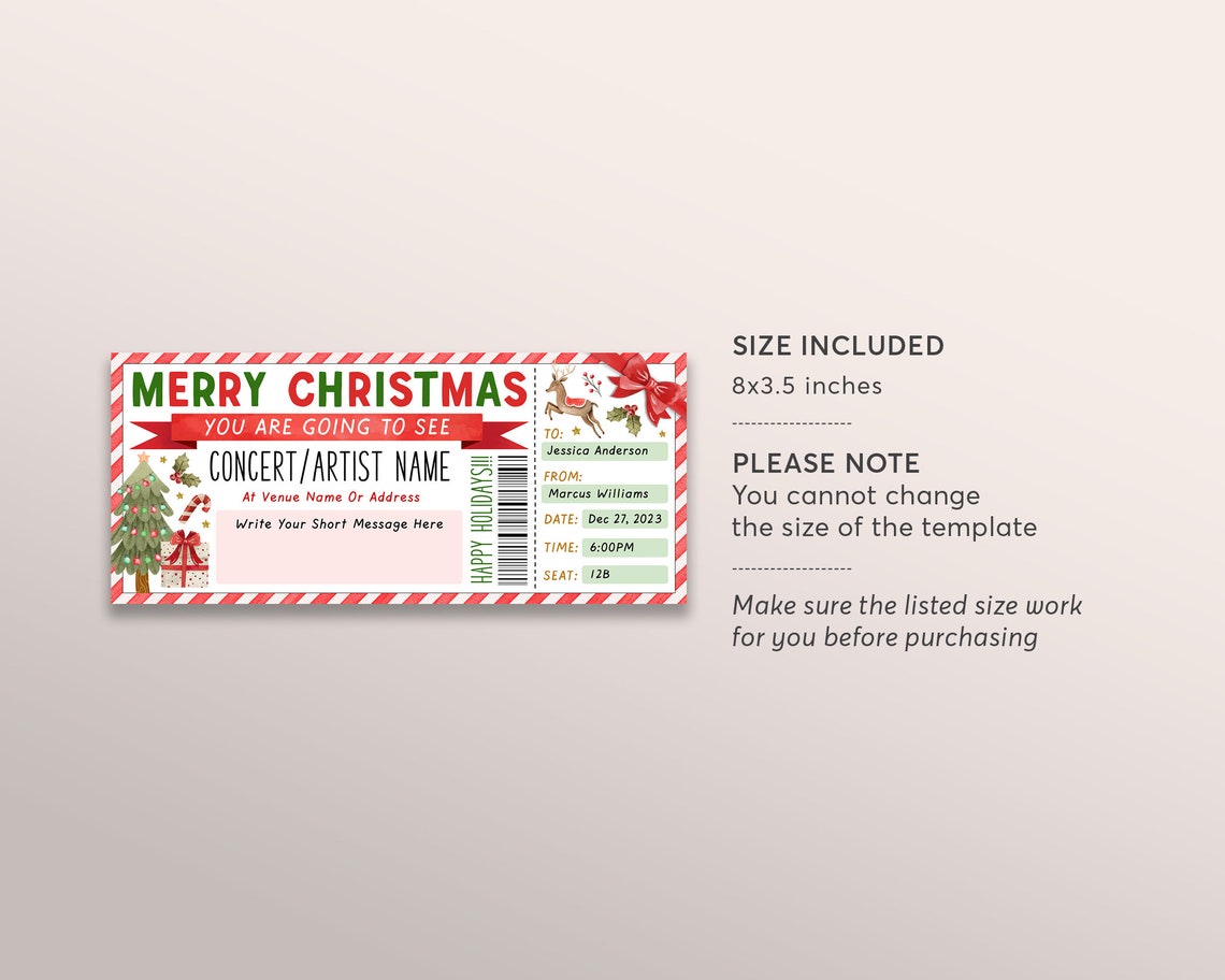 Christmas Concert Ticket Gift Voucher Editable Template, Surprise Gift ...