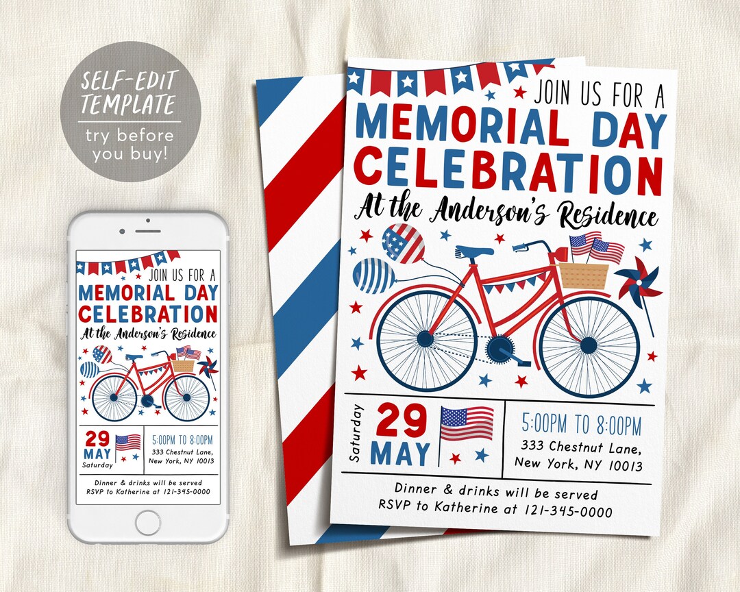 Memorial Day Invitation Editable Template, Patriotic Memorial Day BBQ ...