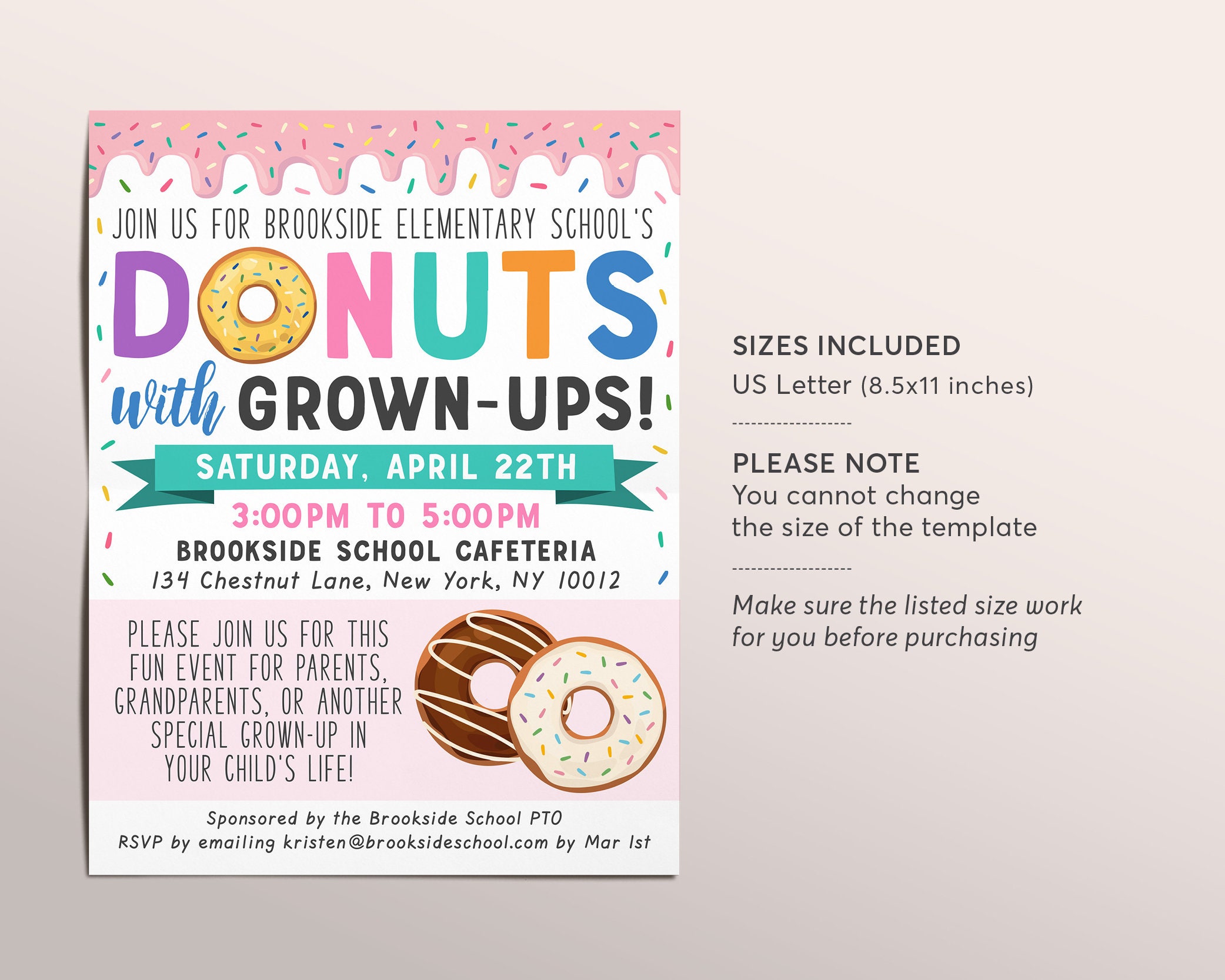 Donuts With Grownups Flyer Editable Template, School Event PTO PTA ...