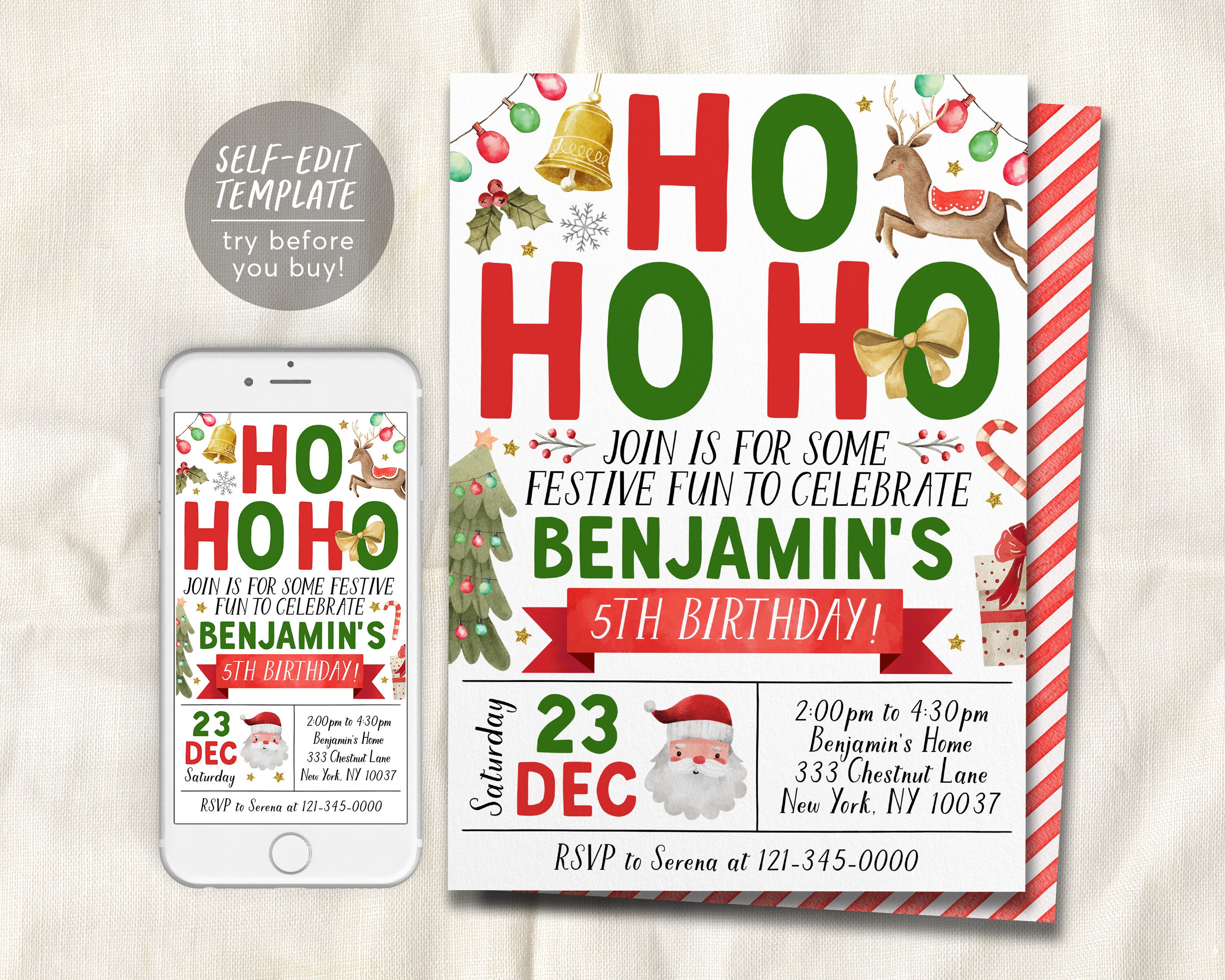 Christmas Birthday Invitation Editable Template, Ho Ho Ho Holiday ...
