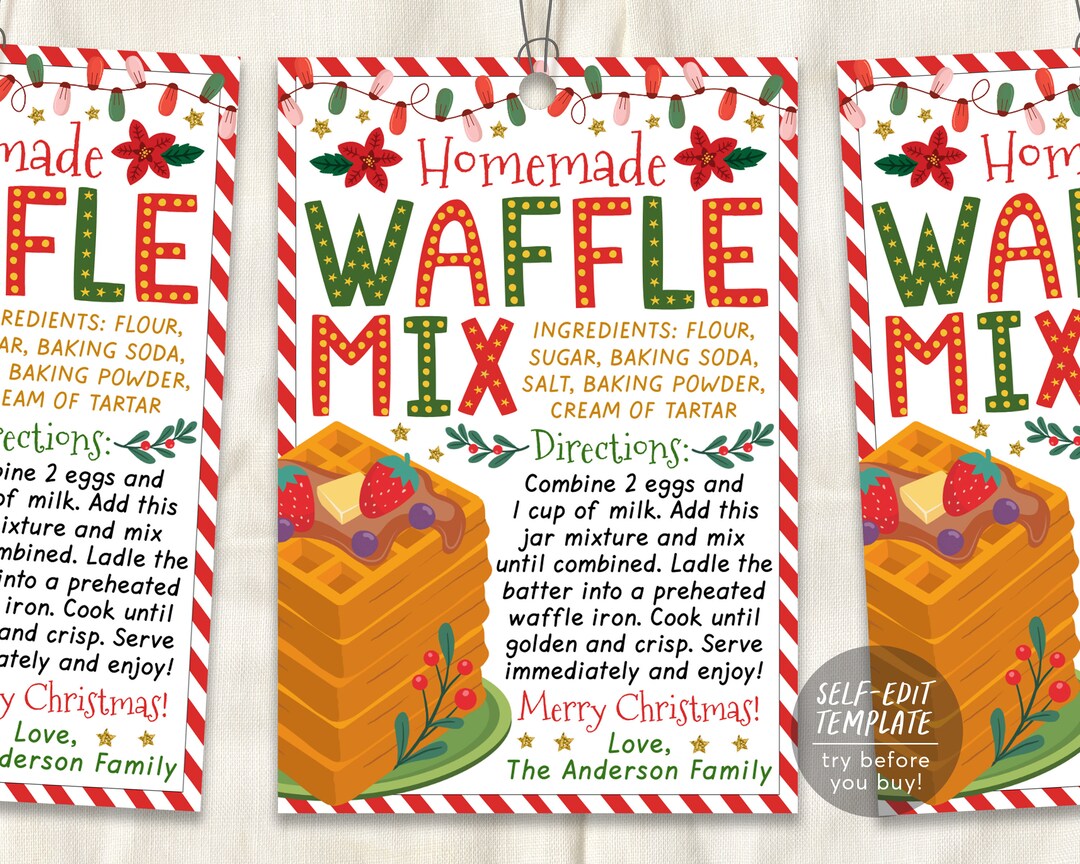 Waffle Mix Recipe Christmas Gift Tag Editable Template, Holiday Brunch ...