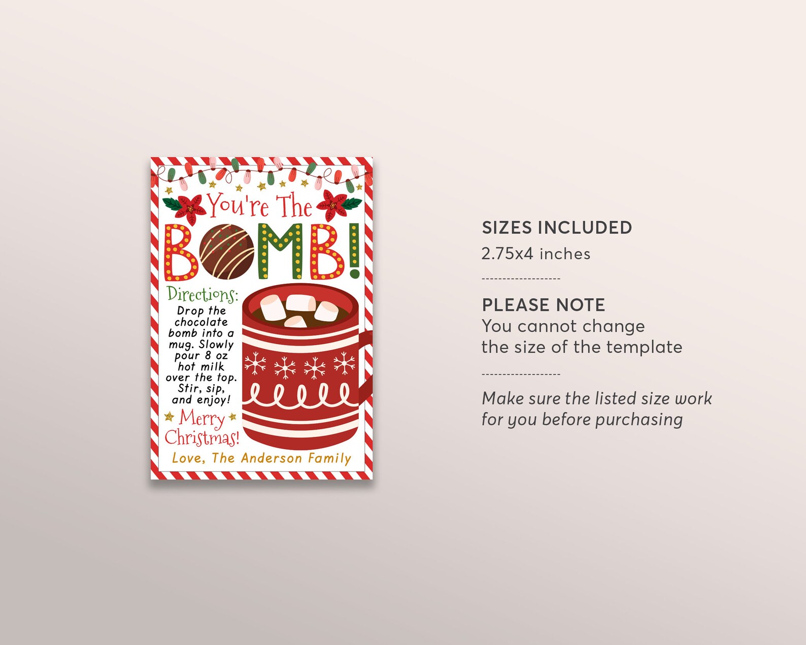 Hot Chocolate Bomb Christmas Gift Tag Editable Template, Holiday Hot ...