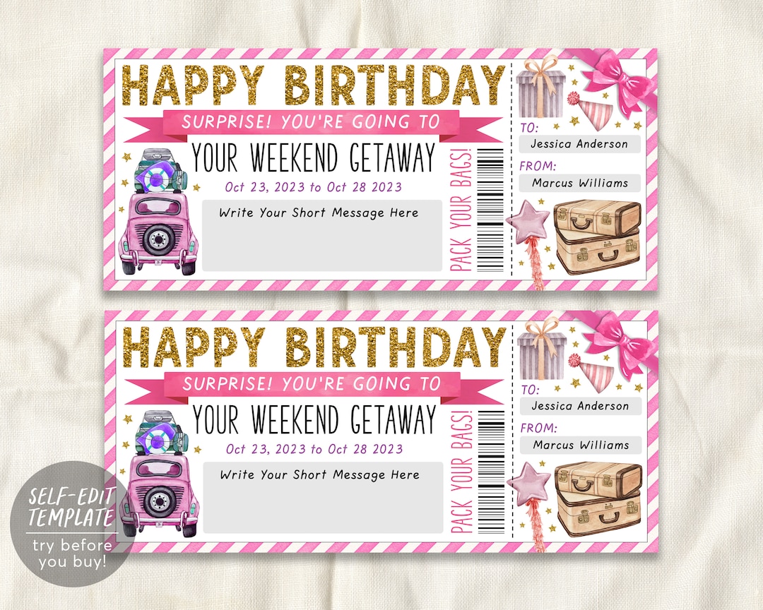 Surprise Weekend Getaway Voucher Editable Template, Birthday Trip Gift ...