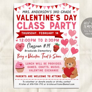 Valentine's Day Class Party Invitation Flyer Editable Template, School ...