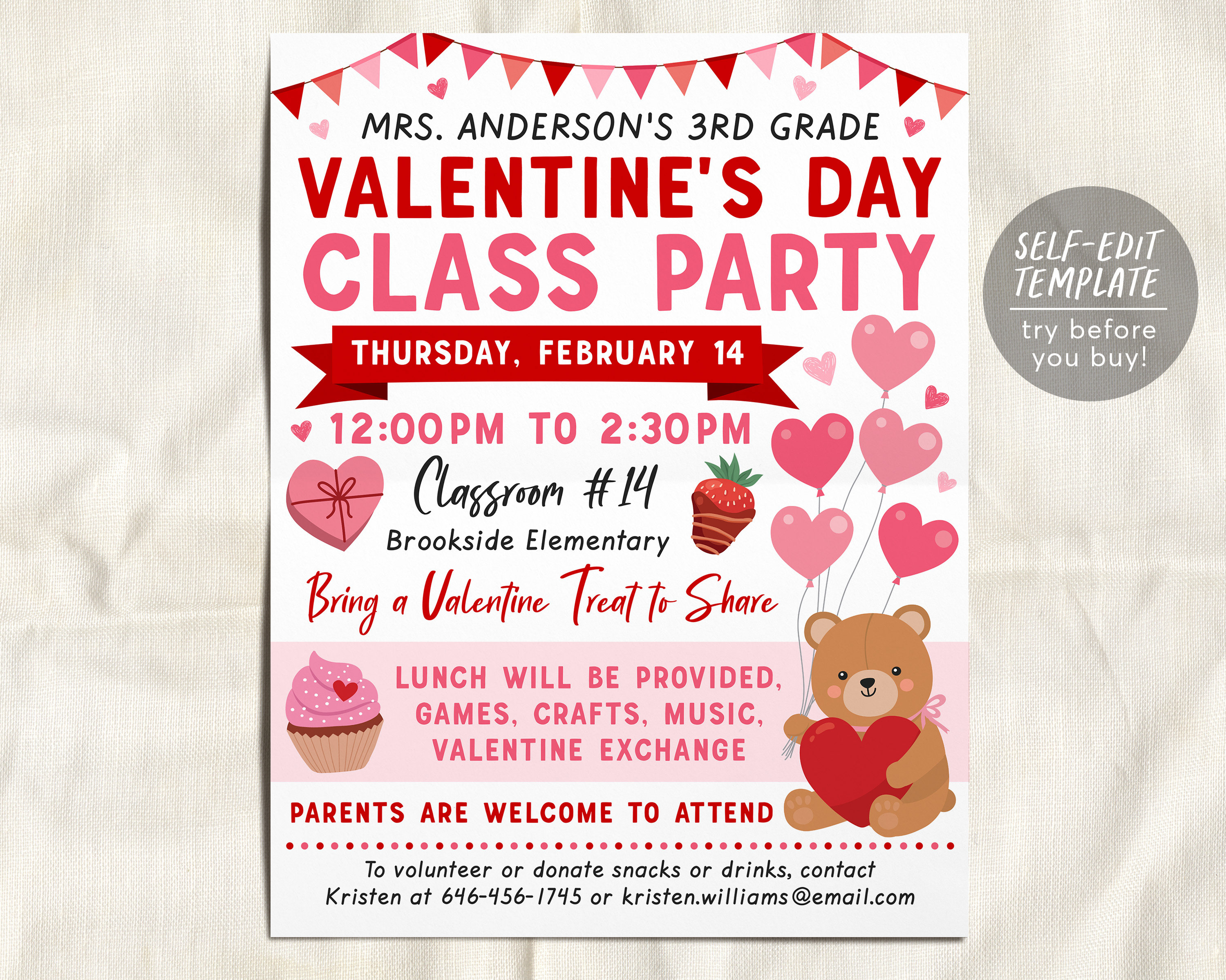 Valentine's Day Class Party Invitation Flyer Editable Template, School ...