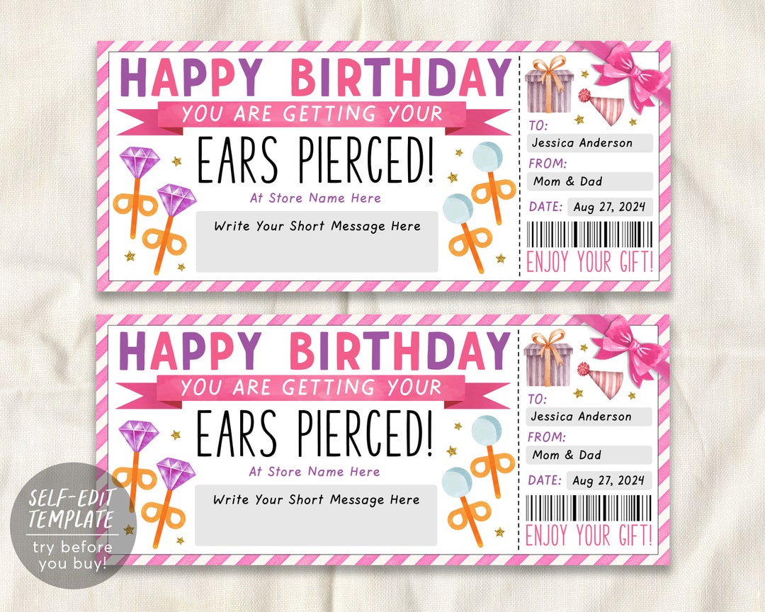 Ear Piercing Gift Voucher Editable Template, Birthday Surprise Gift ...