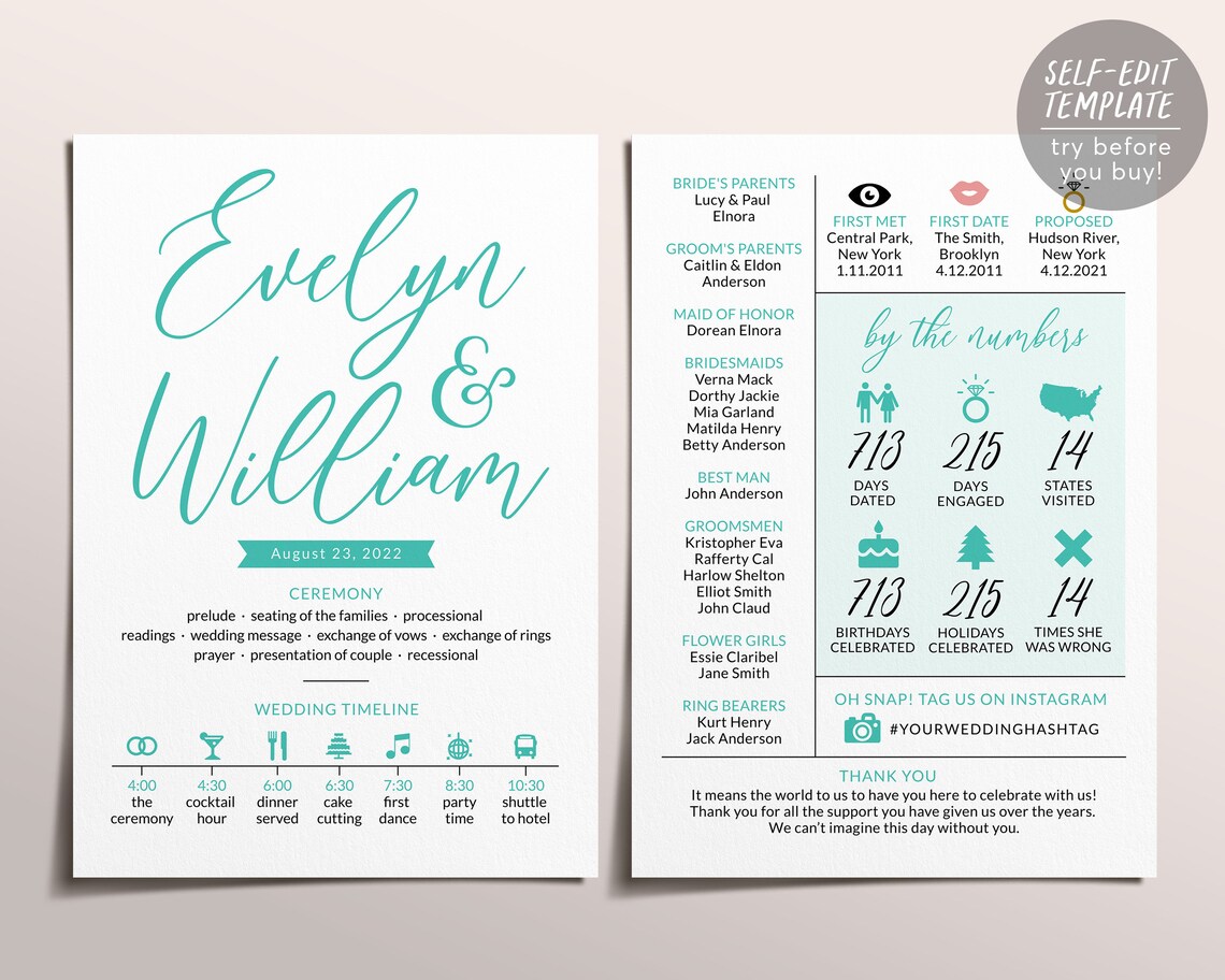 Teal Infographic Wedding Program Template Editable Reception | Etsy