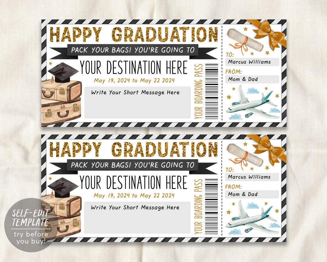 Graduation Boarding Pass Editable Template, Surprise Graduation Trip ...