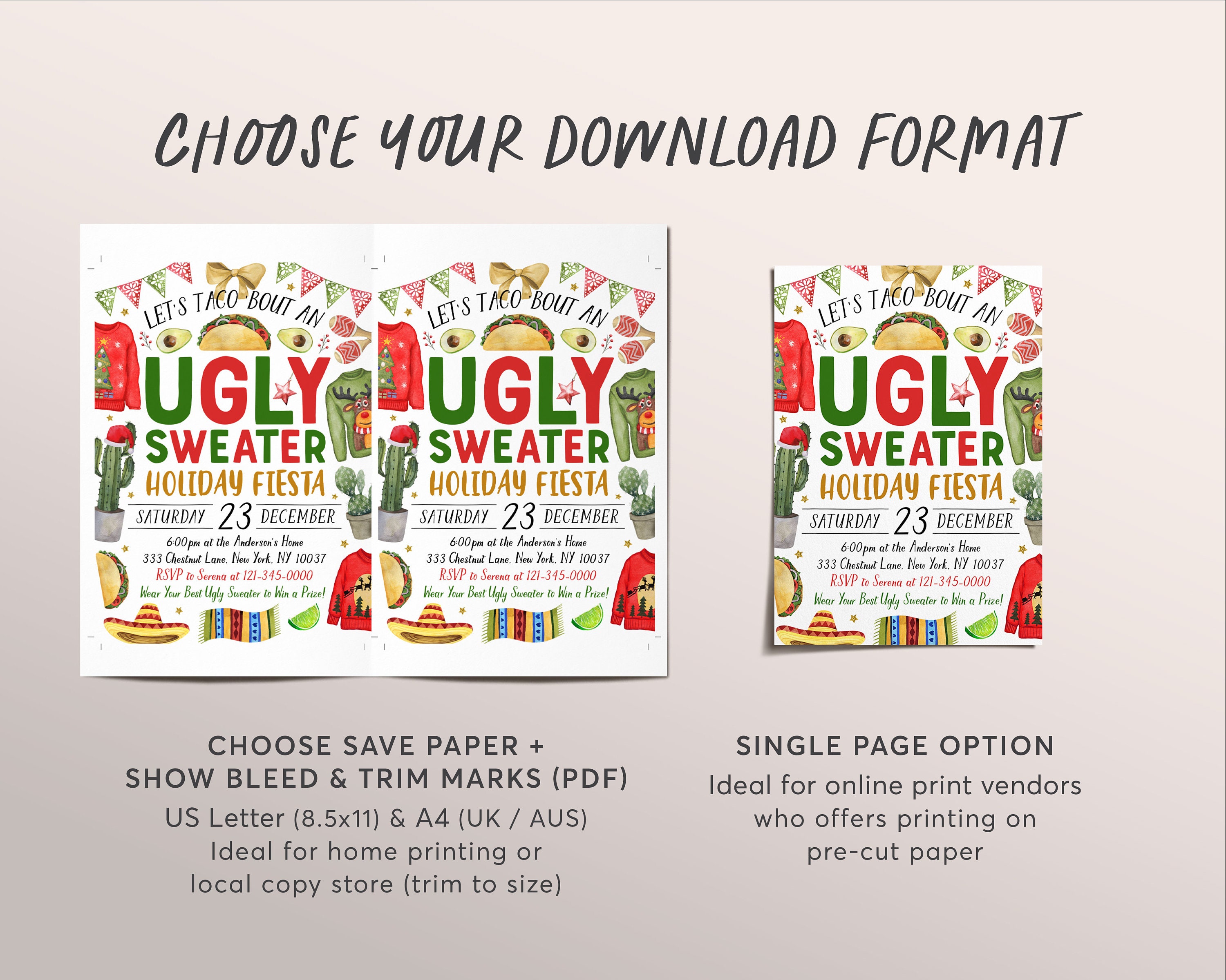 Ugly Sweater Fiesta Christmas Invitation Editable Template, Taco 'bout ...