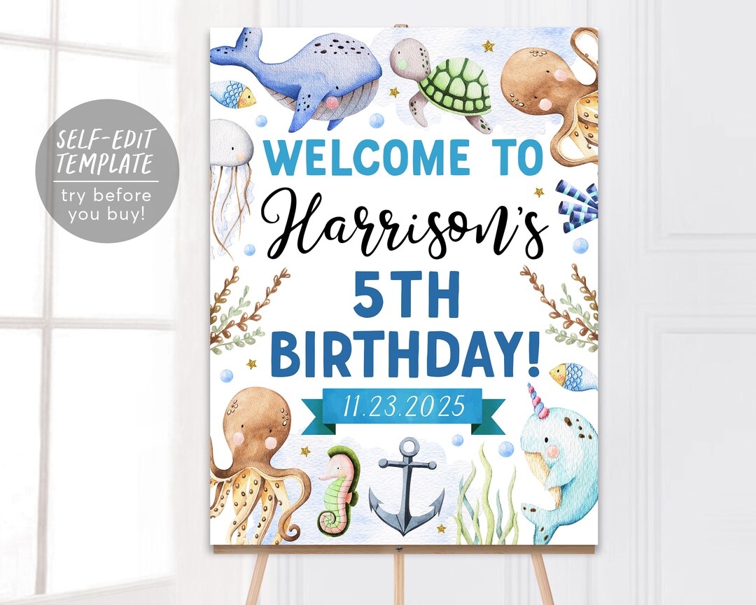 Under the Sea Birthday Welcome Sign Editable Template, Boy Oneder the ...