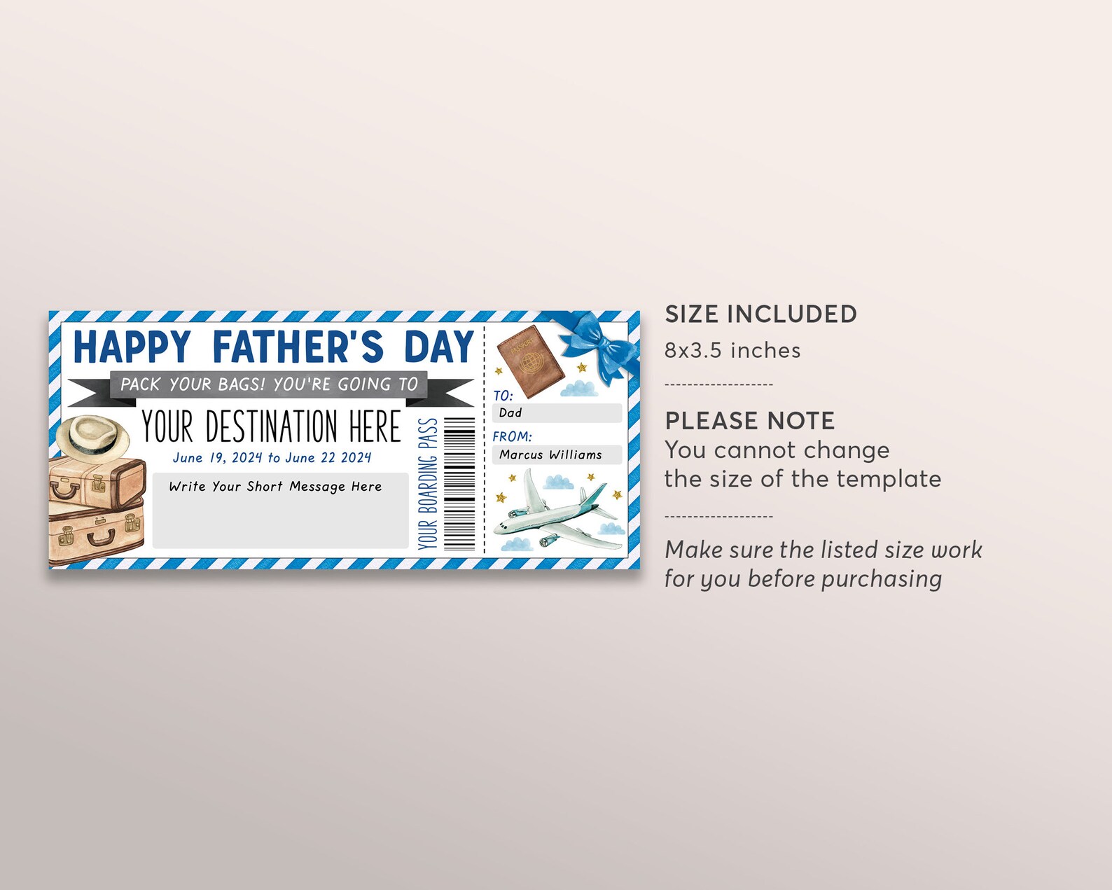 Fathers Day Surprise Boarding Pass Editable Template, Vacation Travel ...