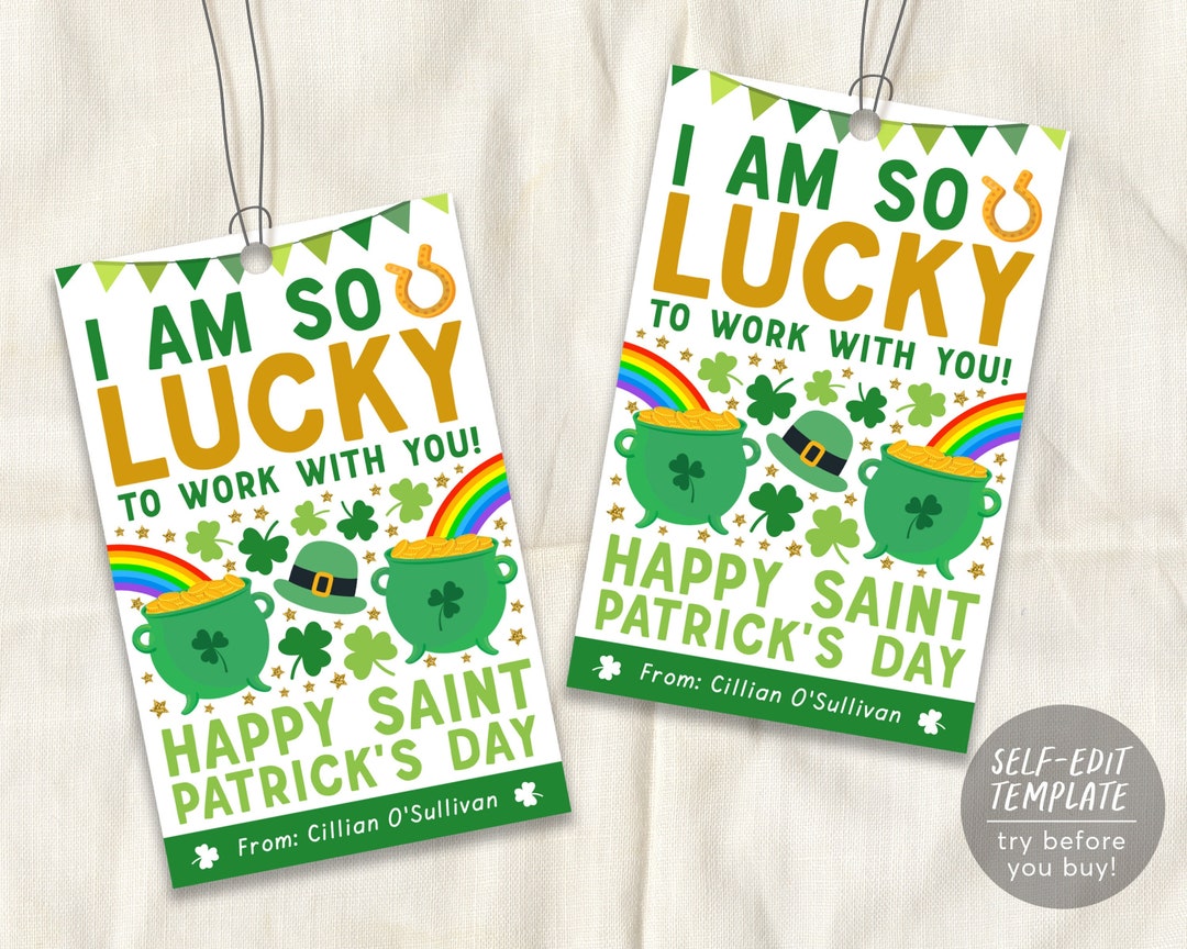 St Patrick's Day Coworker Gift Tags Editable Template, Shamrock Rainbow ...