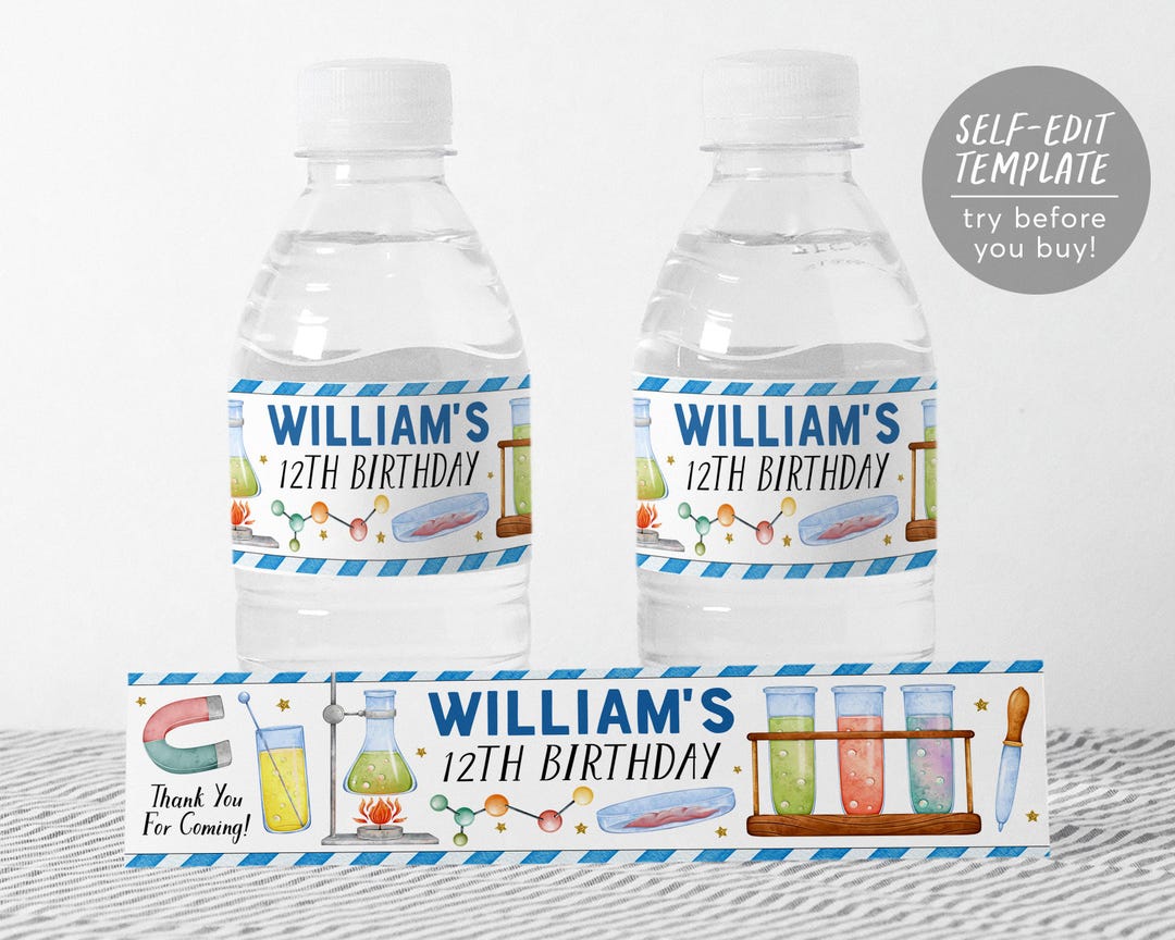 Science Water Bottle Labels Editable Template, Boy Experiment Birthday ...