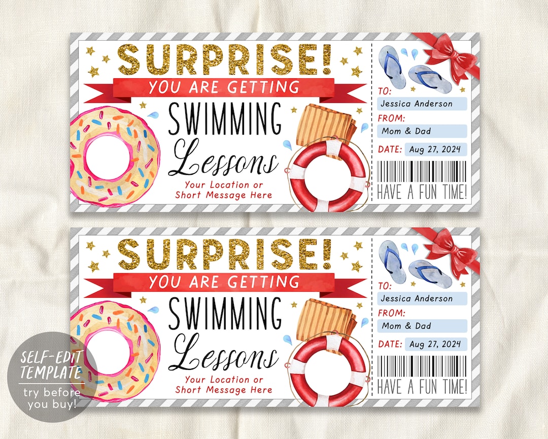 Swim Lessons Gift Certificate Ticket Editable Template, Surprise ...