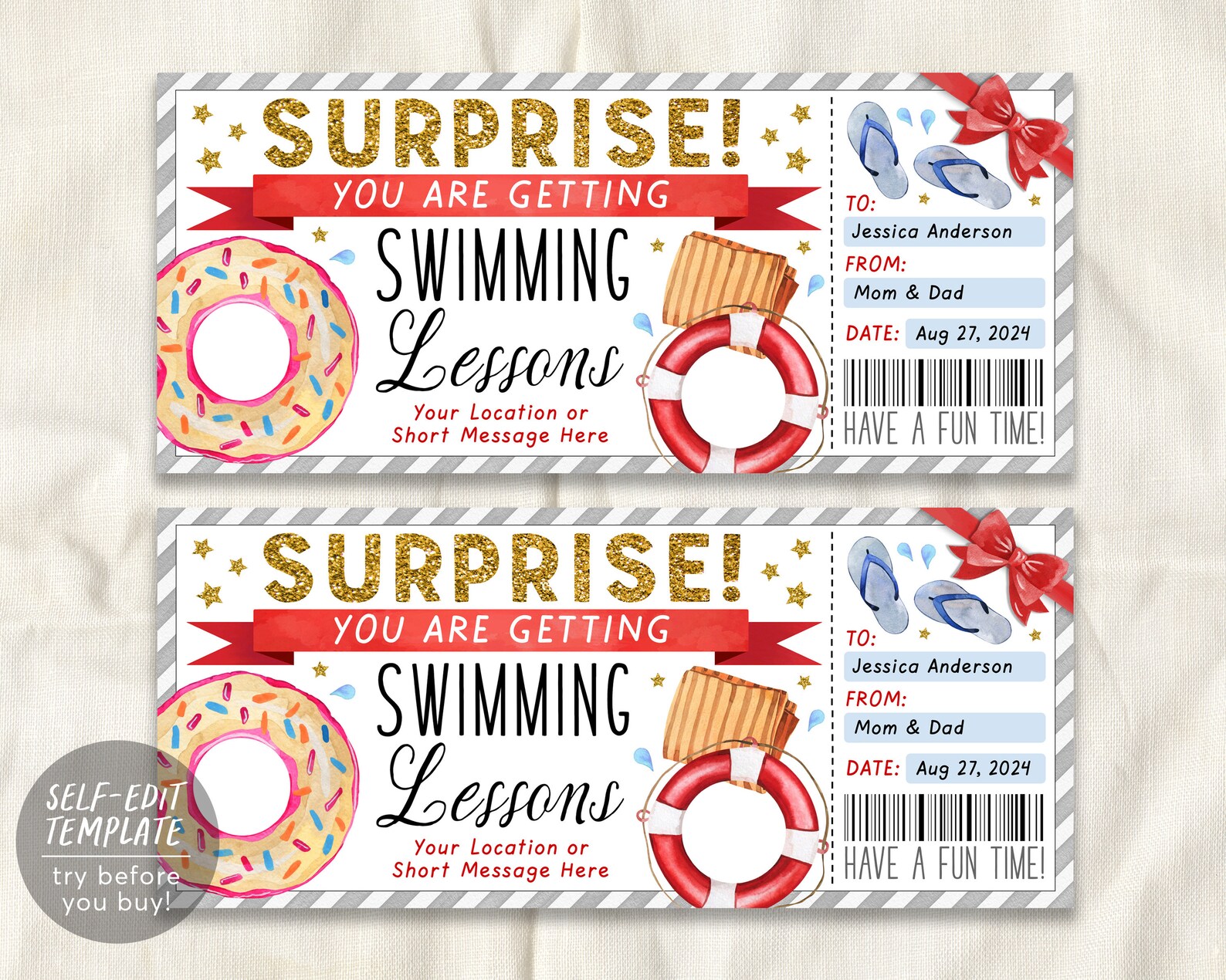 Swim Lessons Gift Certificate Ticket Editable Template, Surprise ...