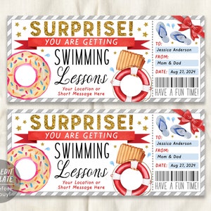 Swim Lessons Gift Certificate Ticket Editable Template, Surprise ...
