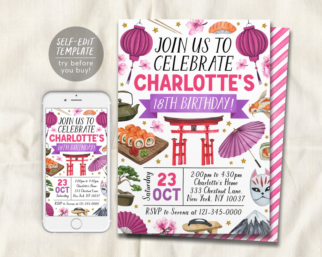 Japanese Themed Birthday Invitation Editable Template, Japanese Sushi ...