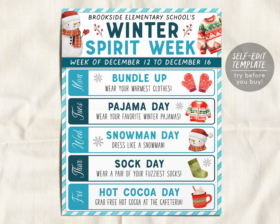 Winter Spirit Week Itinerary Schedule Editable Template, December ...