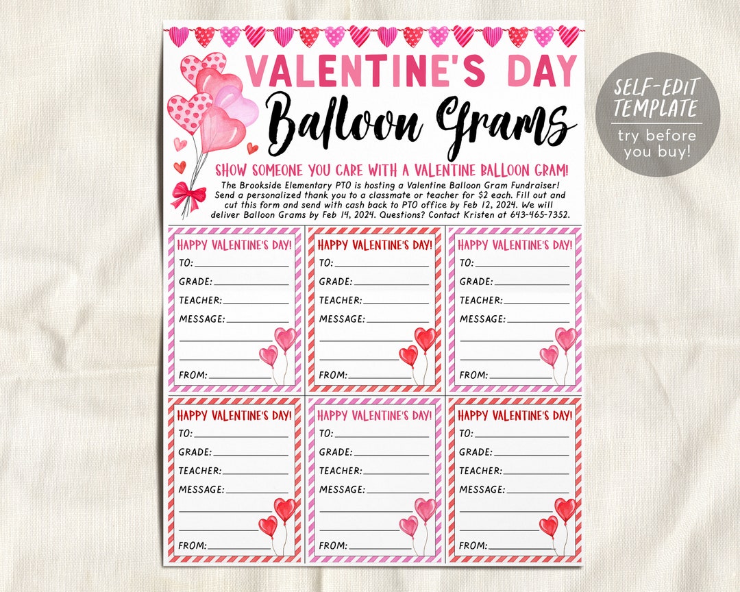 Valentine's Day Balloon Gram Flyer Editable Template, Valentine Heart ...