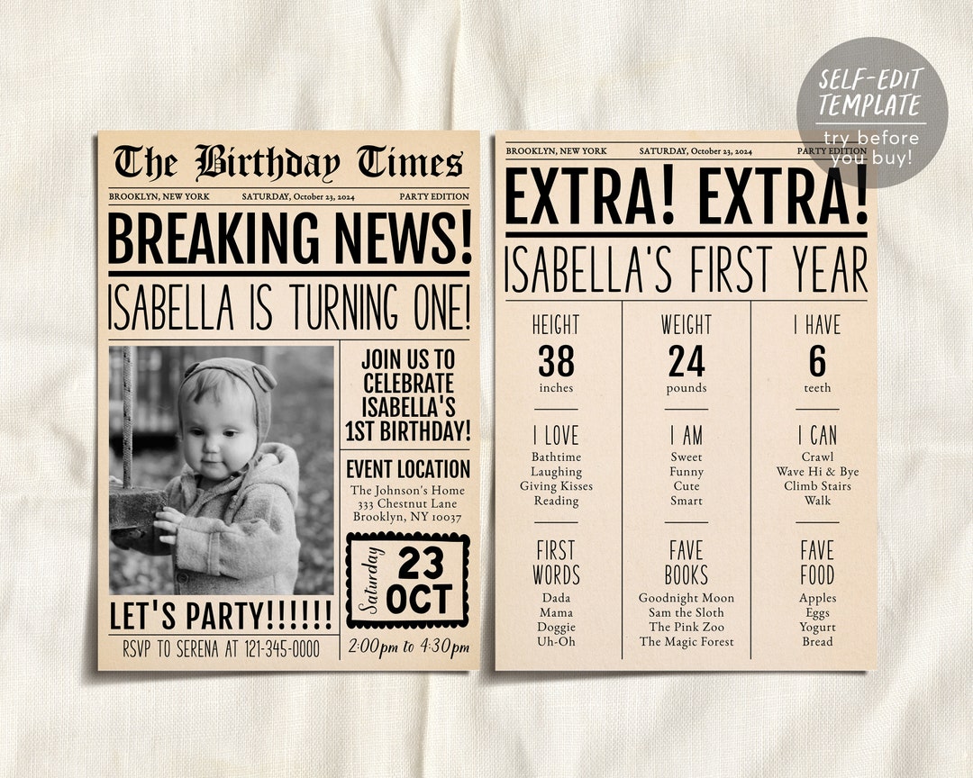 First Birthday Newspaper Invitation With Photo Editable Template, Mini ...