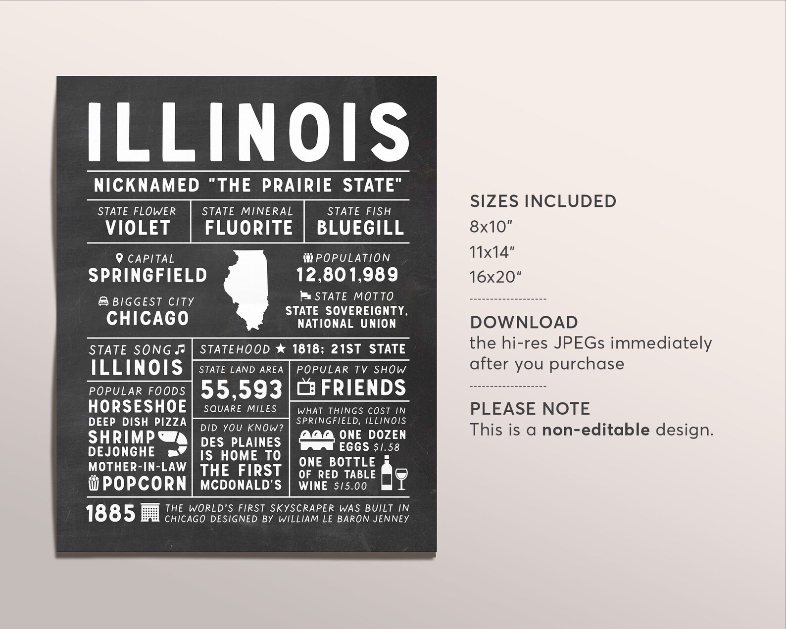 Illinois State Wall Art Sign Poster Infographic, Chalkboard Illinois ...