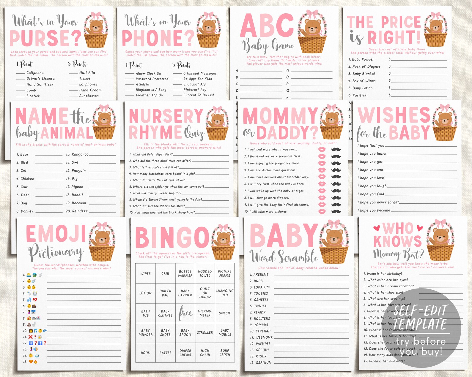 Teddy Bear GIRL Cute Baby Shower Games Bundle Editable - Etsy