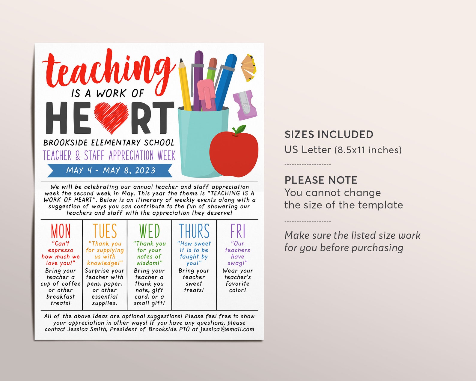 Teaching is A Work of Heart Teacher Appreciation Week Schedule Editable ...