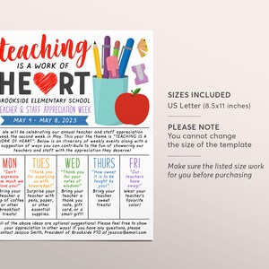 Teaching is A Work of Heart Teacher Appreciation Week Schedule Editable ...