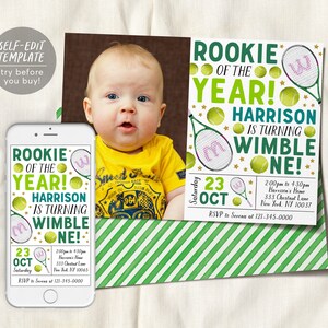 Tennis First Birthday Invitation With Photo Editable Template, Boy ...