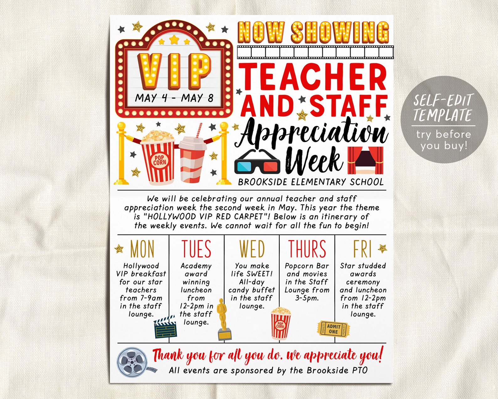 Hollywood Theme Teacher Staff Appreciation Week Itinerary Flyer ...