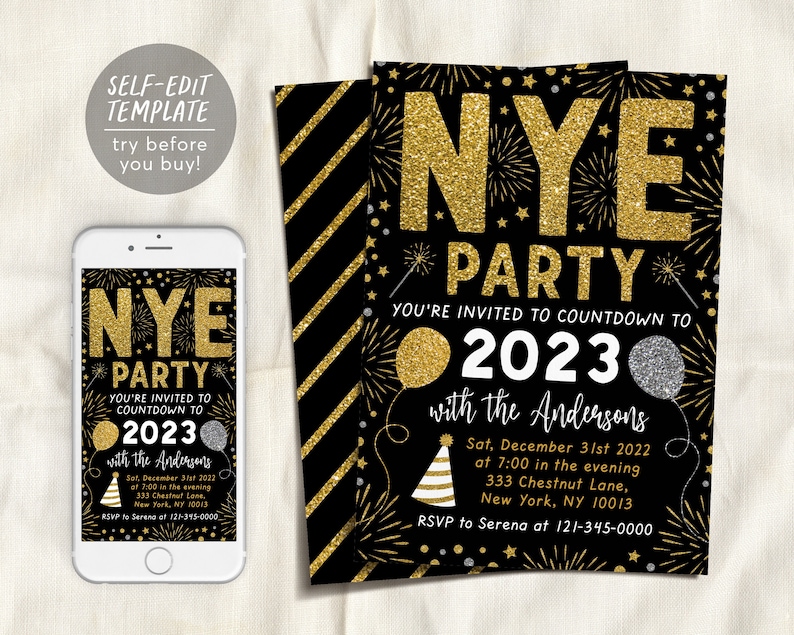 NYE Party Invitation Editable Template New Years Eve Bash for - Etsy
