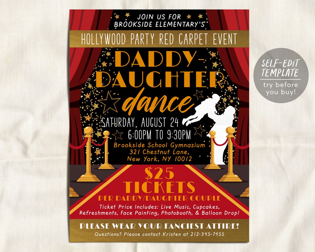 Daddy Daughter Dance School Flyer Editable Template, Hollywood Red ...