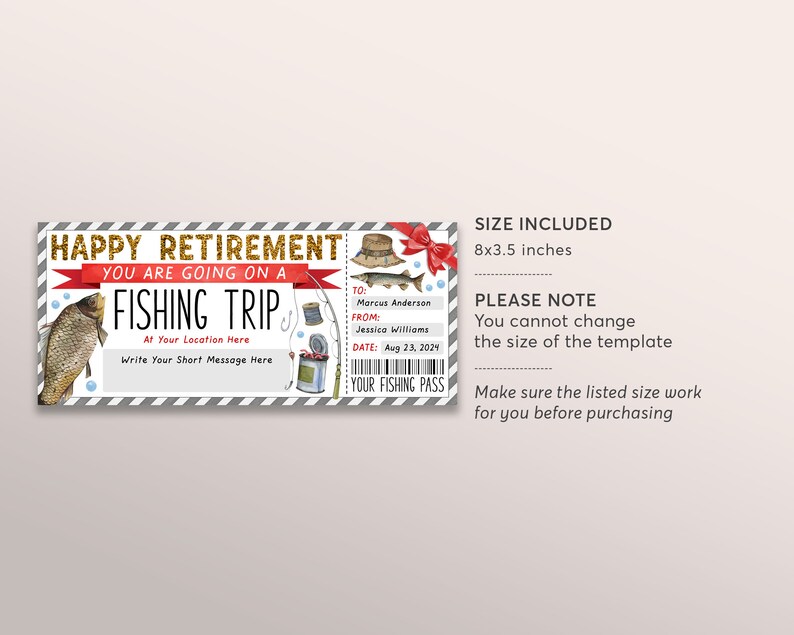 Retirement Fishing Trip Ticket Editable Template, Fishing Trip Reveal ...