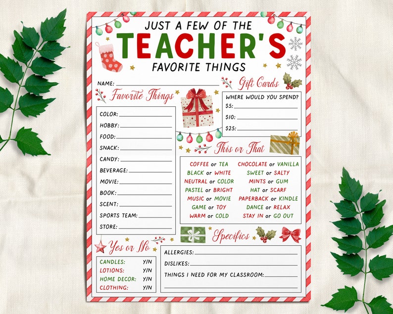 A Few of My Favorite Things Teacher's Questionnaire Editable Template ...