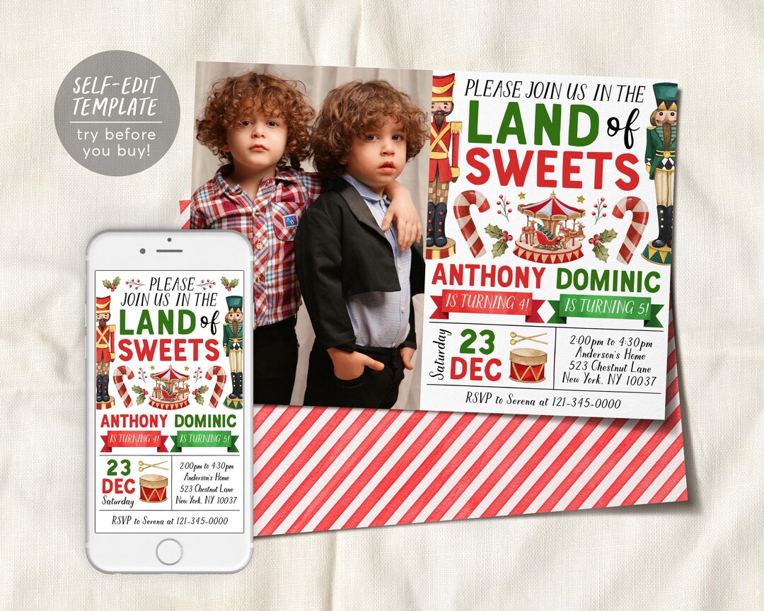Nutcracker Joint Siblings Birthday Invitation With Photo Editable ...