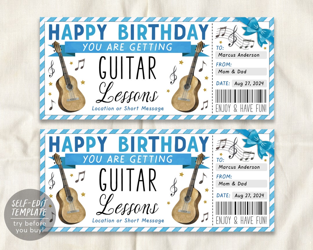 Guitar Lessons Gift Certificate Editable Template, Birthday Surprise ...