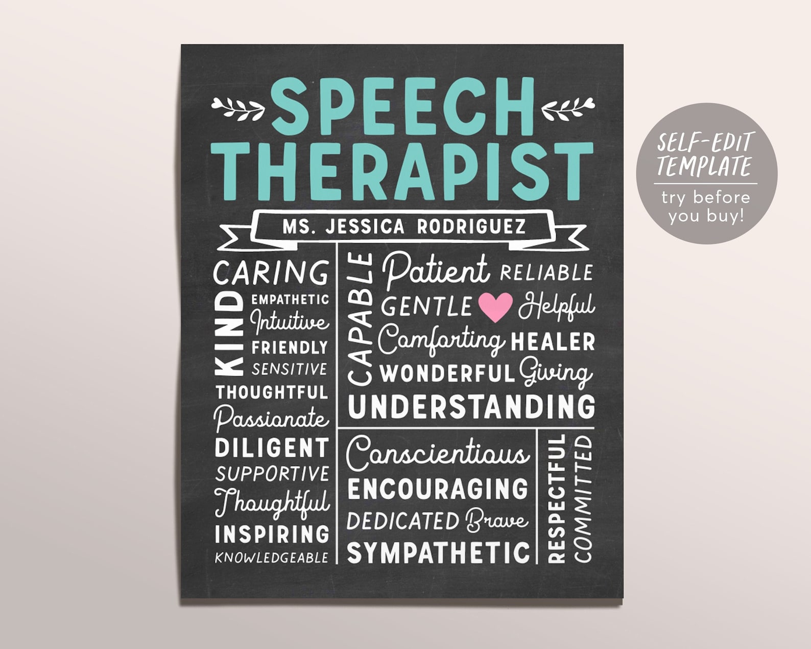 Editable Speech Therapist Chalkboard Gift Print Template SLP | Etsy