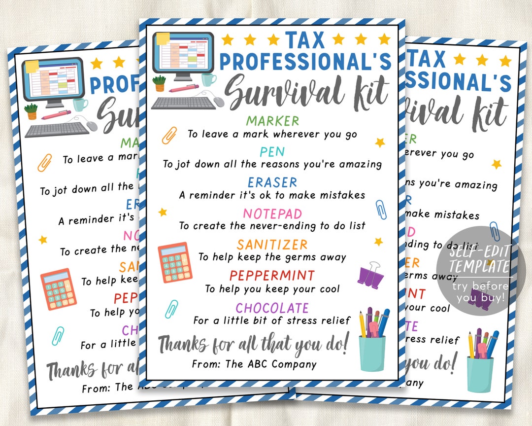 Tax Professional Survival Kit Gift Tags Editable Template, Accountant ...