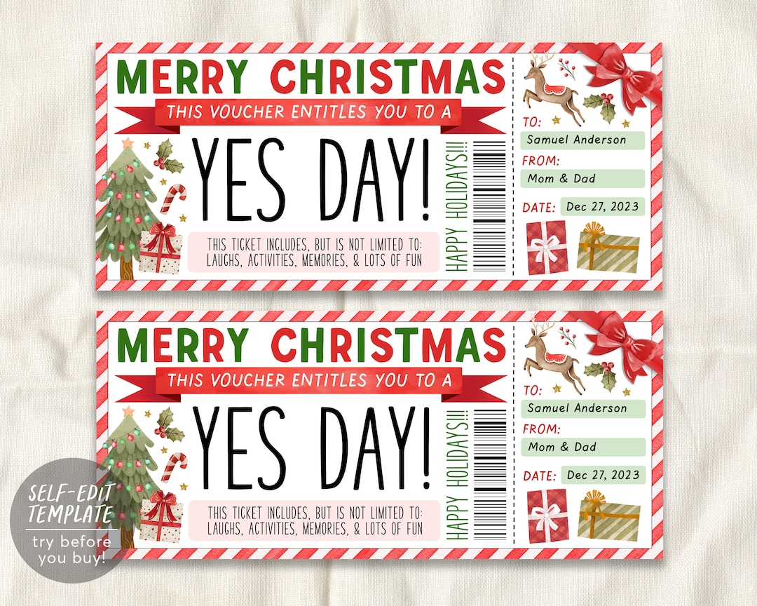 Christmas Yes Day Ticket Editable Template, Surprise Best Day Ever Gift ...