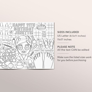 Spa Party Coloring Placemat Tweens Editable Template Pamper Manicure ...