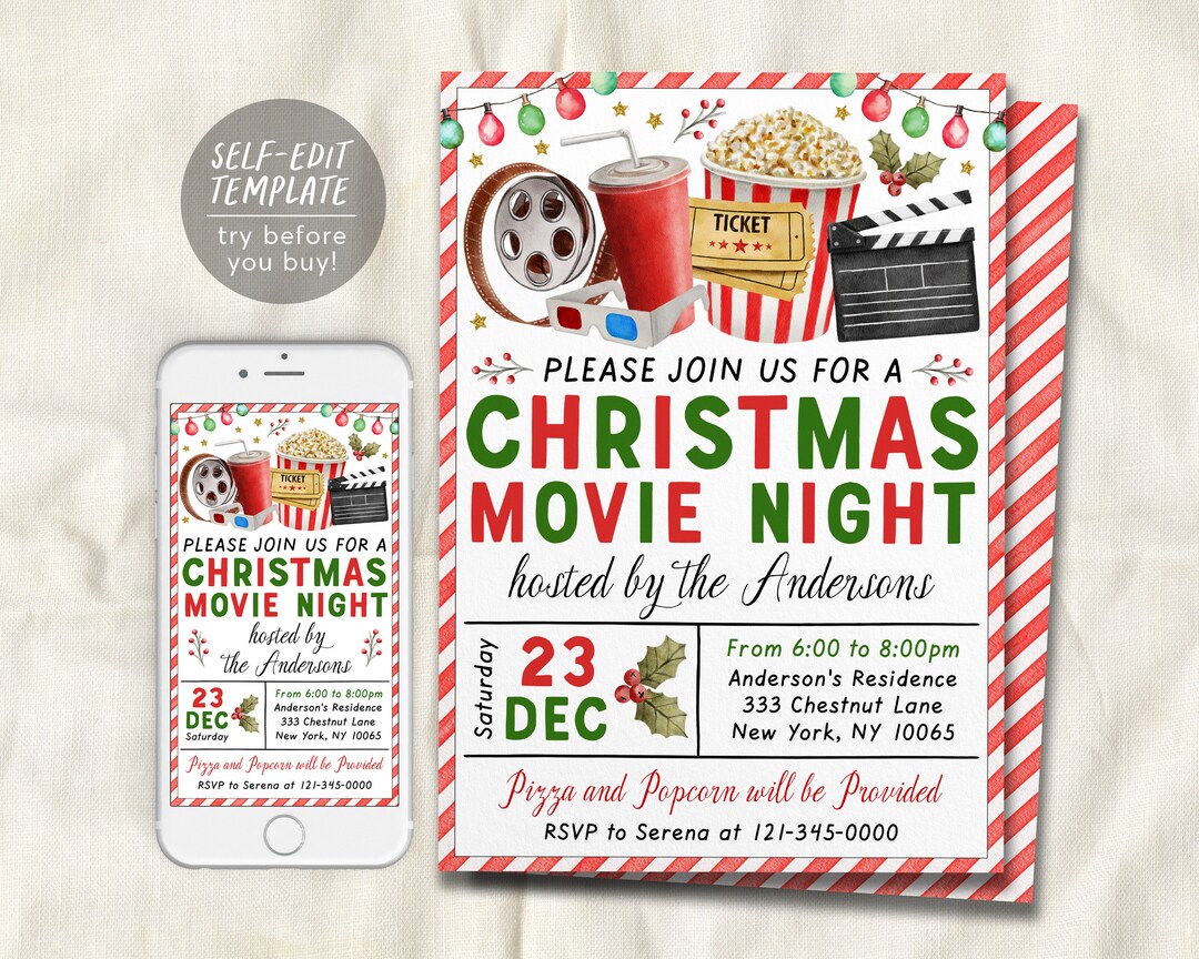 Christmas Movie Night Invitation Editable Template, Xmas Holiday Movie ...