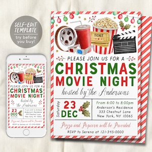 Christmas Movie Night Invitation Editable Template, Xmas Holiday Movie ...