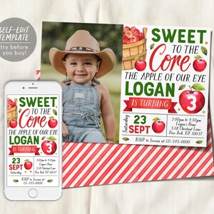 Apple Birthday Invitation With Photo Editable Template, Sweet to the ...